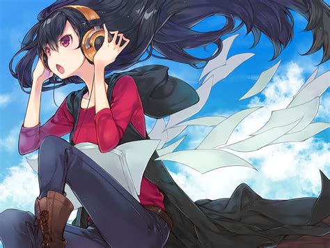 Anime Girl With Black Hair And Blue Eyes And Headphones