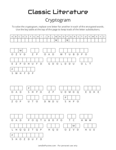 Free Printable Classic Literature Cryptogram Puzzle