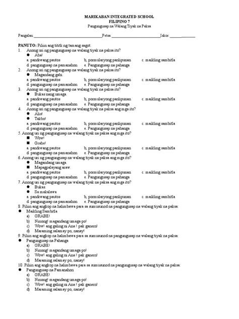 Uri Ng Pangungusap Na Walang Paksa Worksheet Pdf