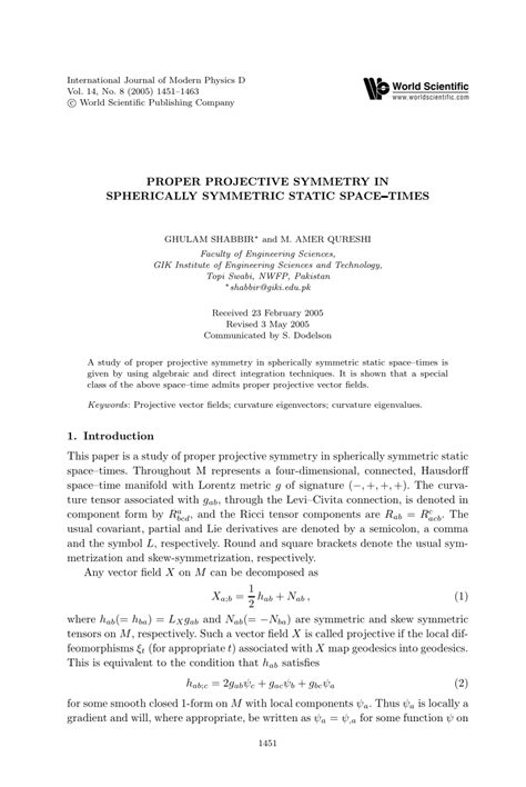 pdf proper projective symmetry in spherically symmetric static space