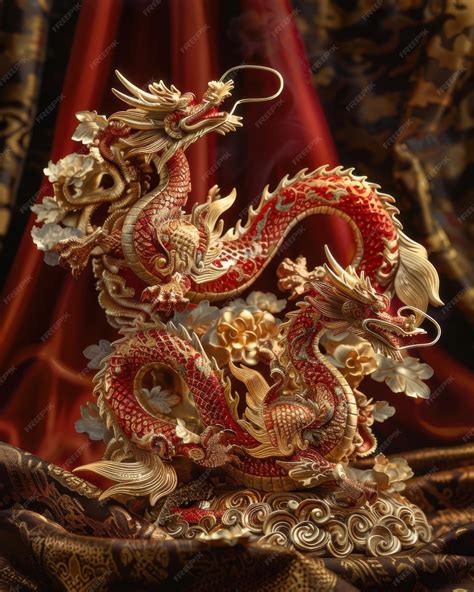 Intricate Red And Gold Dragon And Phoenix Sculptures With Traditional