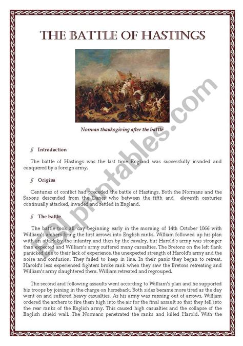 The Battle Of Hastings Summary Esl Worksheet By Micbon77