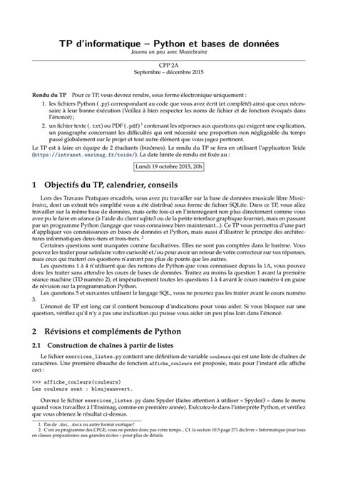 Tp D`informatique Python Et Bases De Données