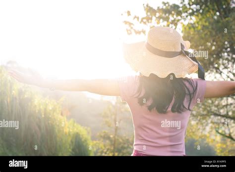 Happy Woman Relaxing And Showing To Sunset Outdoor Peaceful And