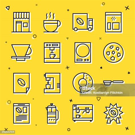 커피 커피 필터 홀더 쿠키 비스킷 스트리트 트럭 기계 V60 메이커 상점 및 전자 저울 아이콘에 대한 세트 라인 메달 벡터 역사적 중대 사건에 대한 스톡 벡터 아트 및 기타