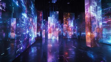 Immersive Digital Art Installation With Glowing Screens And Reflective Floor Creating A