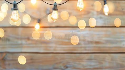 A String Of Edison Bulb Lights Hangs From A Wooden Ceiling Illuminating A Space Outdoors Stock