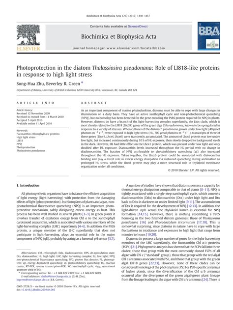 Pdf Photoprotection In The Diatom Thalassiosira Pseudonana Role Of Li818 Like Proteins In