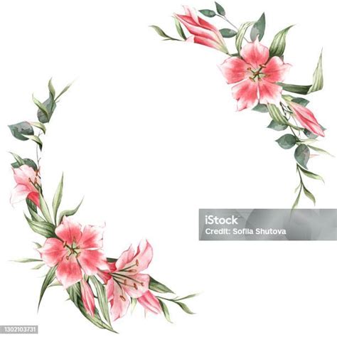 수채화로 손으로 그린 꽃 배경 분홍색 백합과 녹색 잎의 둥근 삽 브로셔 배경 화면 인쇄물 브로셔 카드 장식 디자인 등에
