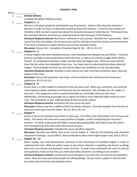 Charlottes Web Worksheet Chapter Activities