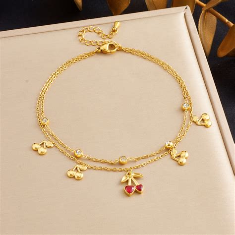 A79 18k Gold Plated Stainless Steel Minimalist Anklet Red Cherry 4