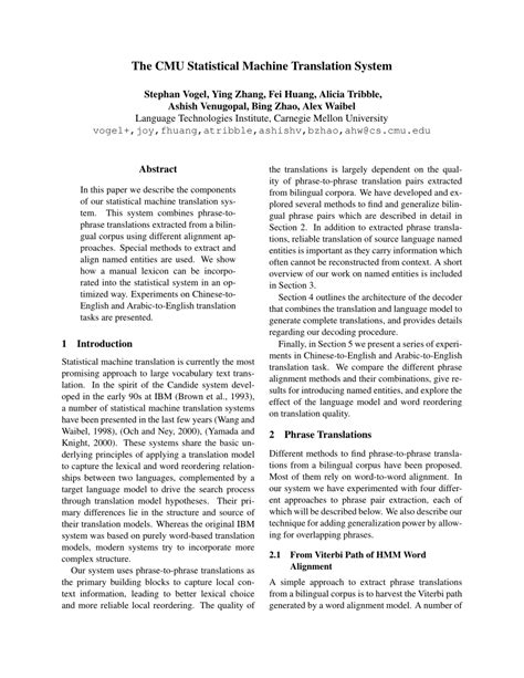Pdf The Cmu Statistical Machine Translation System