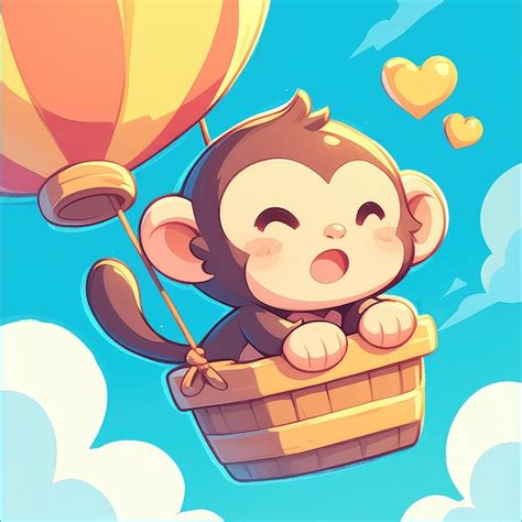 Premium Vector A Monkey Is Flying A Hot Air Balloon Cartoon Style