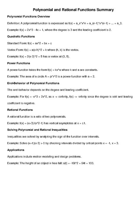 Polynomial And Rational Functions Summary Fixed Polynomial And