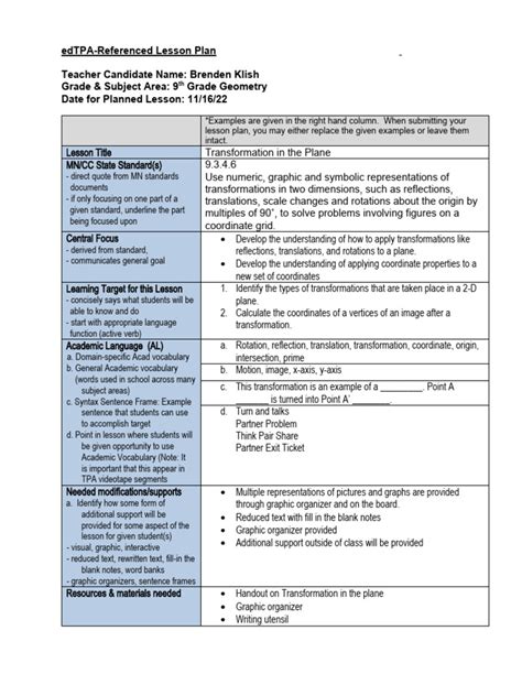 421 Edtpa Lesson Plan Pdf Cartesian Coordinate System Learning