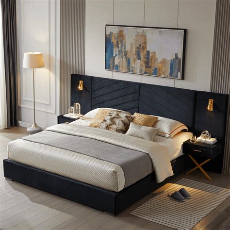 Headboard With Built In Lights Double Package Wanda Led Bed Black