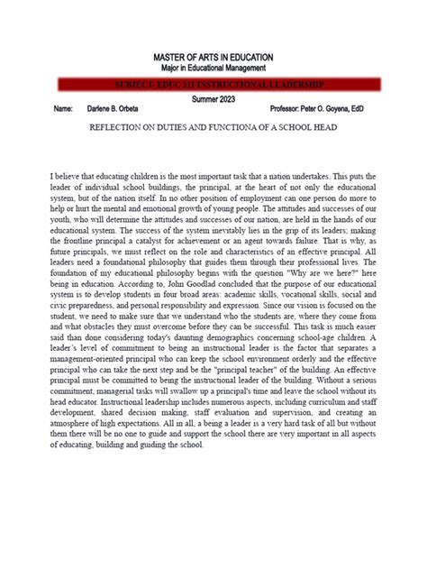 Reflection On Duties And Functiona Of A School Head Pdf Leadership