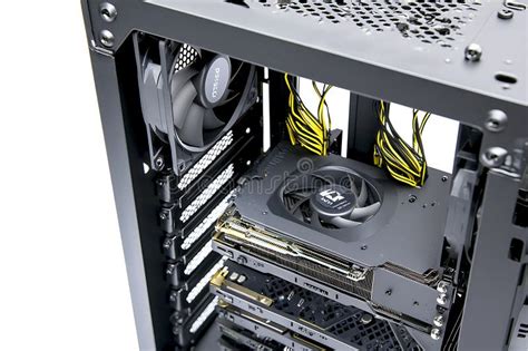 A Computer Case With A Black Fan And A Yellow Fan Stock Image Image Of Chassis Closeup 361338453