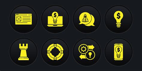 체스 달러가 있는 전구 비즈니스 구명 부표 인적 자원 시작 프로젝트 개념 노트북 모바일 및 브라우저 창 아이콘을 설정합니다 벡터 개념에 대한 스톡 벡터 아트 및 기타 이미지