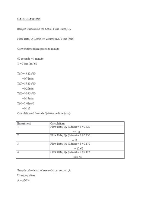 Calculation Lab Report Che486 Calculations Sample Calculation For