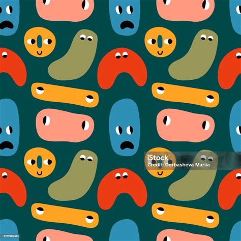 다채로운 추상 얼굴 완벽 한 패턴 어두운 배경에 재미있는 얼굴 아기 옷 배경 포장지 포장 덮개에 대 한 현대 벡터 일러스트 레이