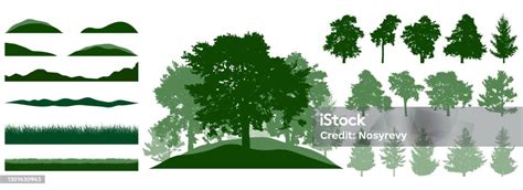 생성자 키트 아름다운 가문비 나무 소나무 다른 나무 잔디 언덕의 실루엣 여름 아름다운 공원 숲 풍경 요소의 컬렉션의 창조 벡터 그림입니다 참피 나무에 대한 스톡 벡터 아트