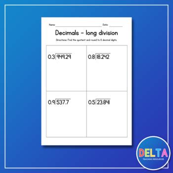 Dividing Decimals By Digit Decimals Long Division Worksheets Assessment