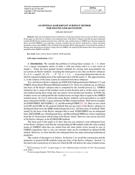 Pdf An Optimal Q Or Krylov Subspace Method For Solving Linear Systems