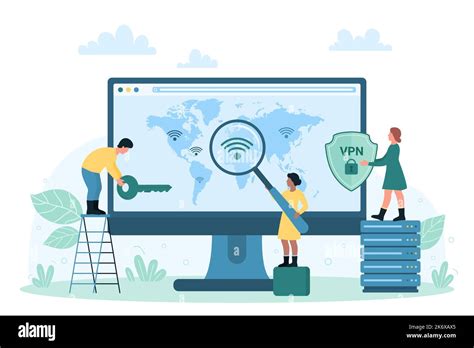 Vpn Service Vector Illustration Cartoon Tiny People Holding Magnifying Glass To Search Safe
