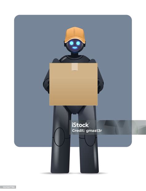블랙로봇 택배 로봇 골판지 박스 배달 서비스 인공지능 컨셉 전달 가공의 인물에 대한 스톡 벡터 아트 및 기타 이미지 가공의 인물 개념 기계 부분 Istock