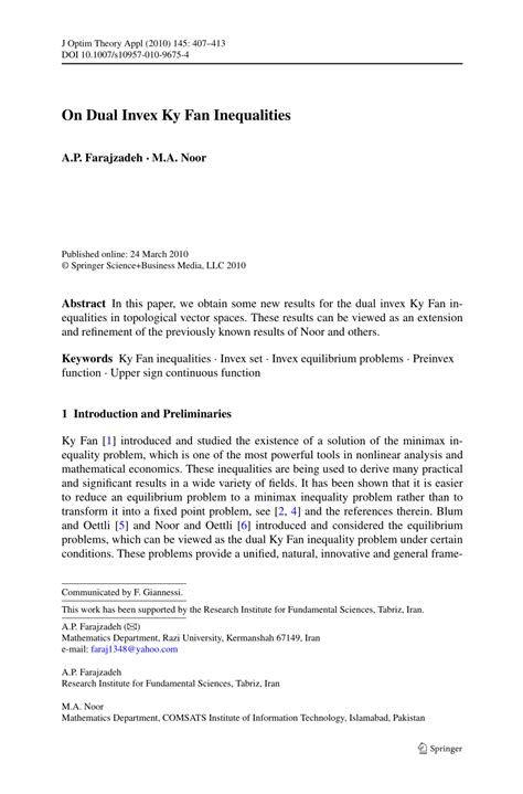 Pdf On Dual Invex Ky Fan Inequalities