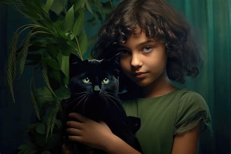 Una Niña Con Un Gato Negro En Sus Manos Foto Premium