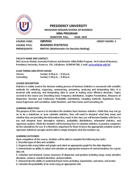 Business Statistics Course Outline Pdf Mean Statistics