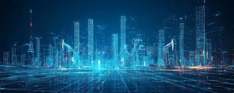 Futuristic Wireframe Cityscape With Digital Network Connections And Abstract Structures Stock