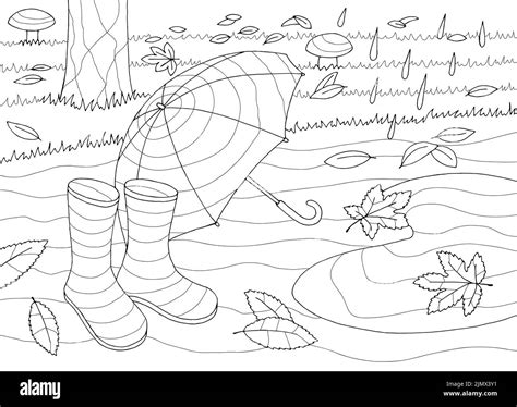 Autumn Coloring Graphic Black White Landscape Sketch Illustration