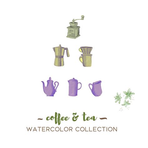 커피 차 컵 콩 그림 컬렉션의 수채화 벡터 세트 프리미엄 벡터
