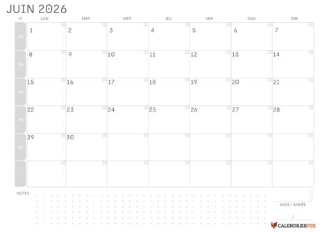 Calendrier Juin 2026 à Imprimer Pdf Gratuit