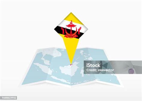 브루나이는 접힌 종이지도와 브루나이 국기와 함께 고정 된 위치 마커에 묘사되어 있습니다 그림자에 대한 스톡 벡터 아트 및 기타 이미지 그림자 기 노랑 Istock