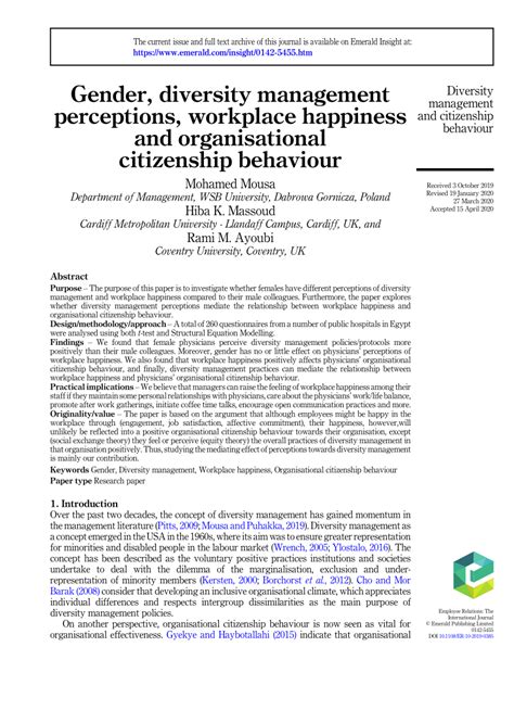 Pdf Gender Diversity Management Perceptions Workplace Happiness And Organisational