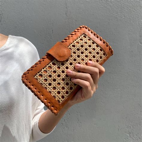 Minimalist Wallet Rattan And Leather Handmade Purse T For Her Summer Style Etsy