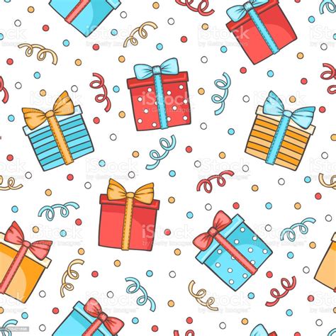 흰색 배경에 선물 상자와 색종이와 생일 파티 원활한 패턴 공휴일에 대한 스톡 벡터 아트 및 기타 이미지 공휴일 귀여운