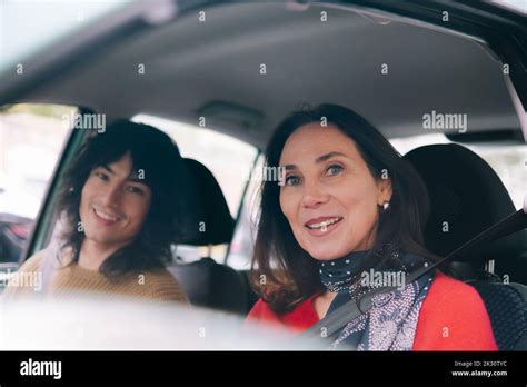 Happy Mother And Son Traveling In Car Stock Photo Alamy