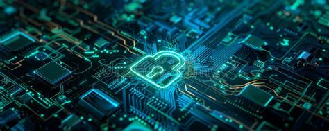 Cybersecurity Concept With A Glowing Lock Symbol On A Circuit Board