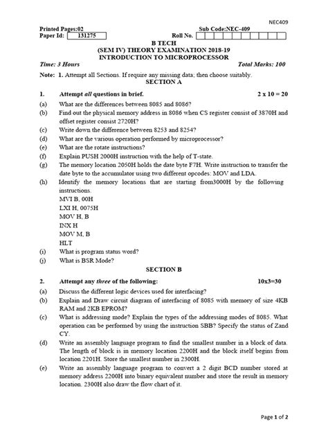 Btech Ec 4 Sem Introduction To Microprocessor Nec 499 2019 Pdf Computer Science Computer