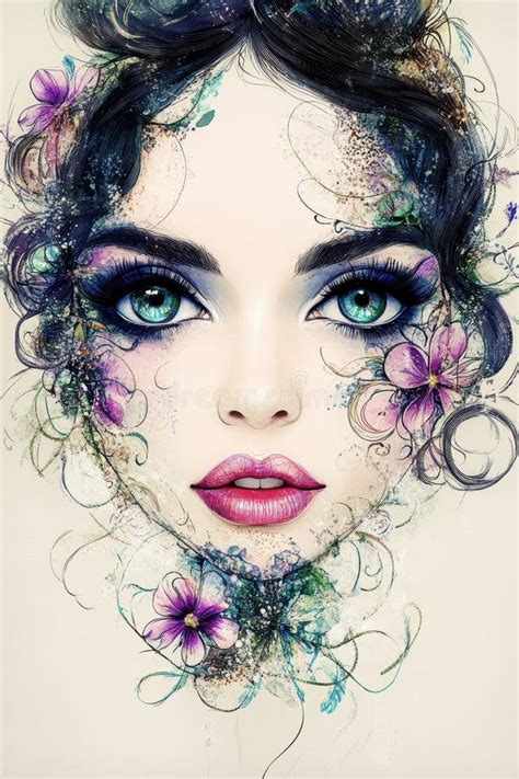 Artistic Portrait Of A Woman S Face Adorned With Watercolor Flowers And Intricate Line Art Stock