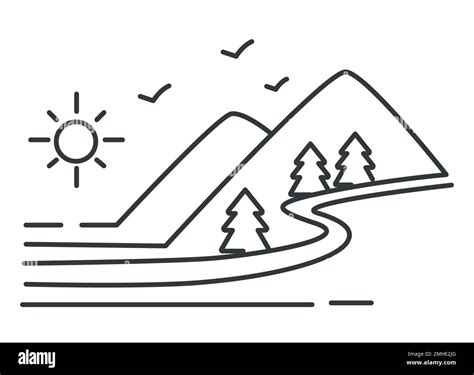 Landscape Mountains And River Forest And Hills Valley Outline Sketch