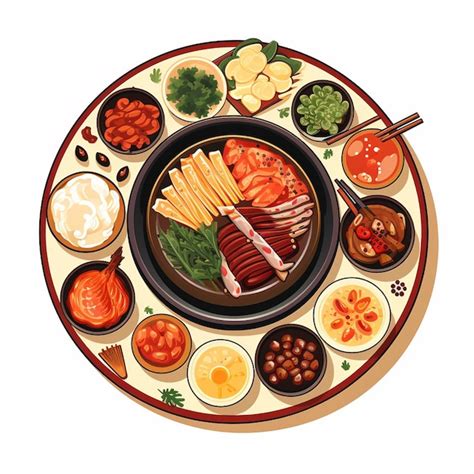 韓国 ベクター アジア イラスト メニューセット 伝統的なレストラン 韓国 料理 料理 Premium Ai生成ベクトル画像