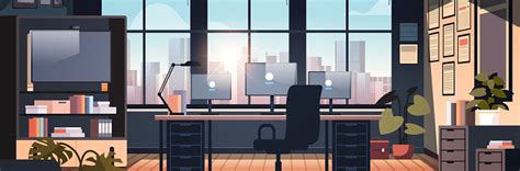 창조적 인 빈 사람이 없는 아파트 기업 또는 프리랜서 작업을 위한 가구가 있는 열린 공간의 현대적인 로프트 인테리어 홈 오피스 0명에 대한 스톡 벡터 아트 및 기타 이미지