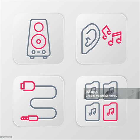 라인 음악 파일 문서 오디오 잭 귀 듣기 사운드 신호 및 스테레오 스피커 아이콘을 설정합니다 벡터 Mp3 플레이어에 대한 스톡 벡터 아트 및 기타 이미지 Istock