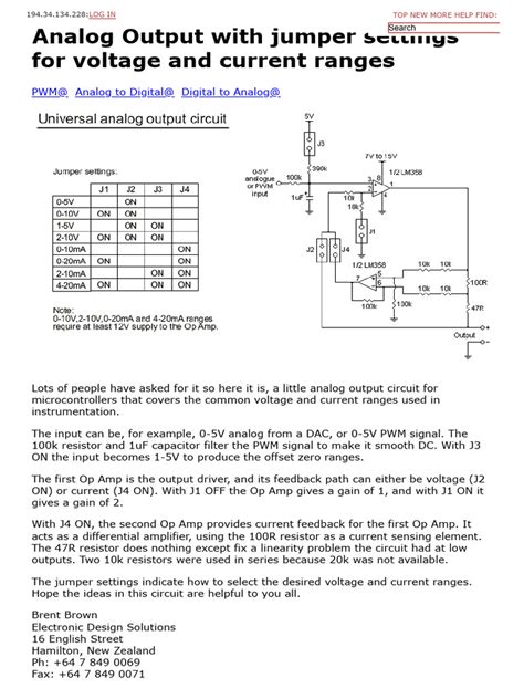 analog output with jumper settings for voltage and current ranges